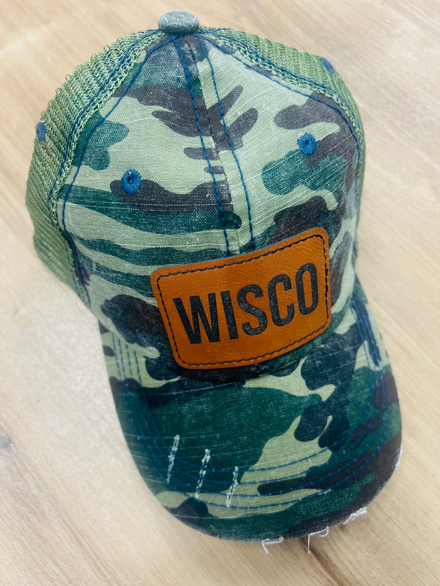 WISCO - Camo Leather Patch Low Profile Hat – Wisconsin Up